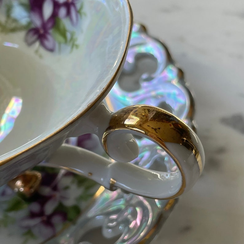 Vintage Japanese Teacup & Saucers, Footed Tea Cups, Iridescent ...
