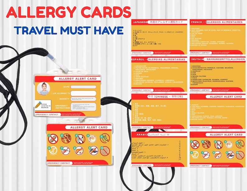 Allergy Cards Travel Printable Custom Medical ID Personalized Emergency ...
