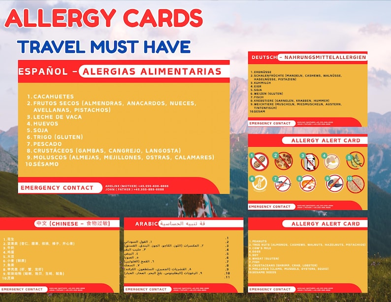 Allergy Cards Travel Printable Custom Medical ID Personalized Emergency ...