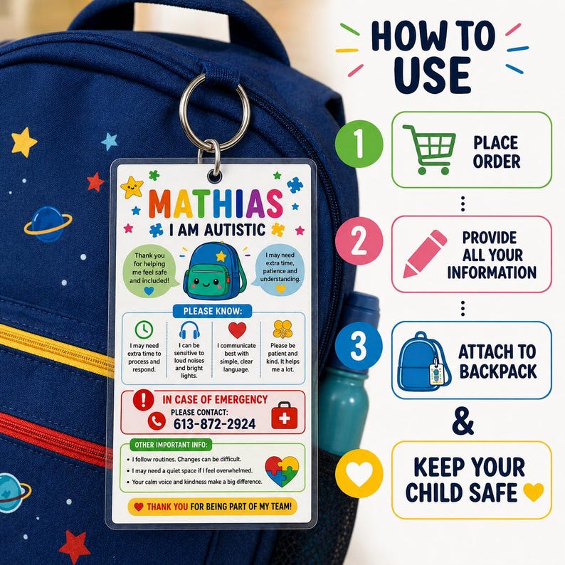Autism Awareness Safety Tag, Emergency Contact ID for Kids, Medical ...