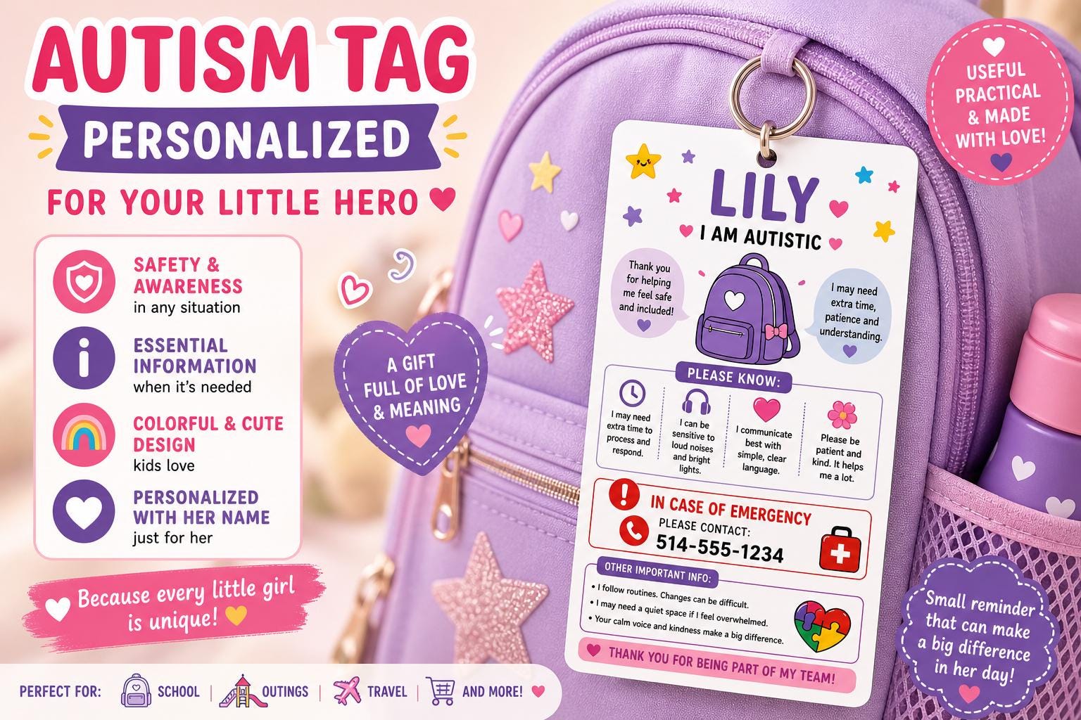 Autism Awareness Safety Tag, Emergency Contact ID for Kids, Medical ...