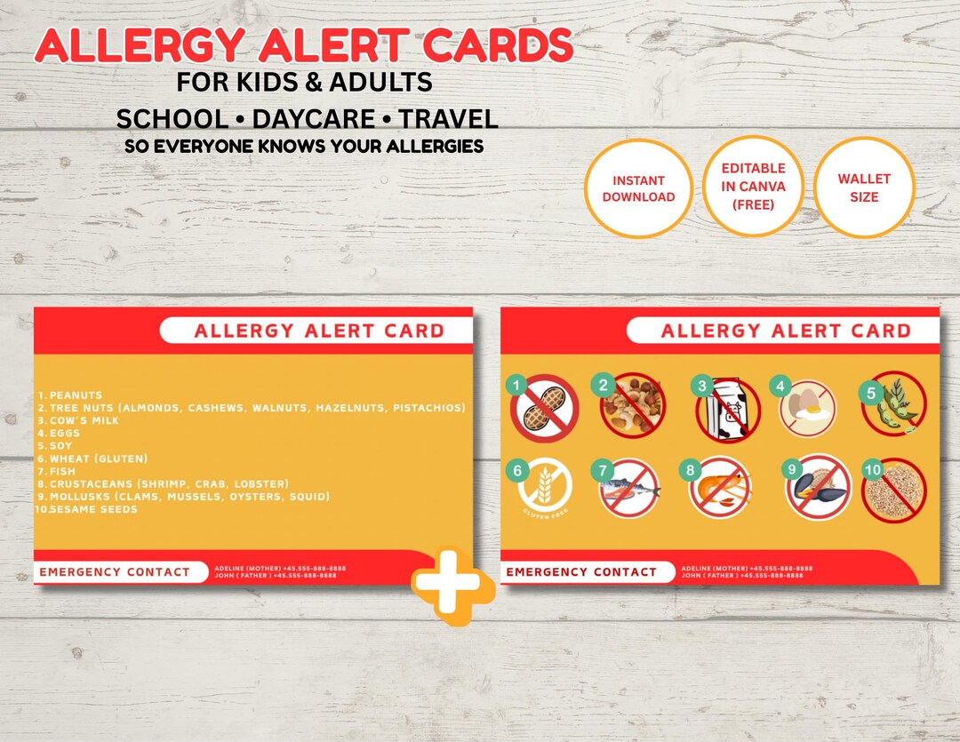 Allergy Cards Travel Printable Custom Medical ID Personalized Emergency ...