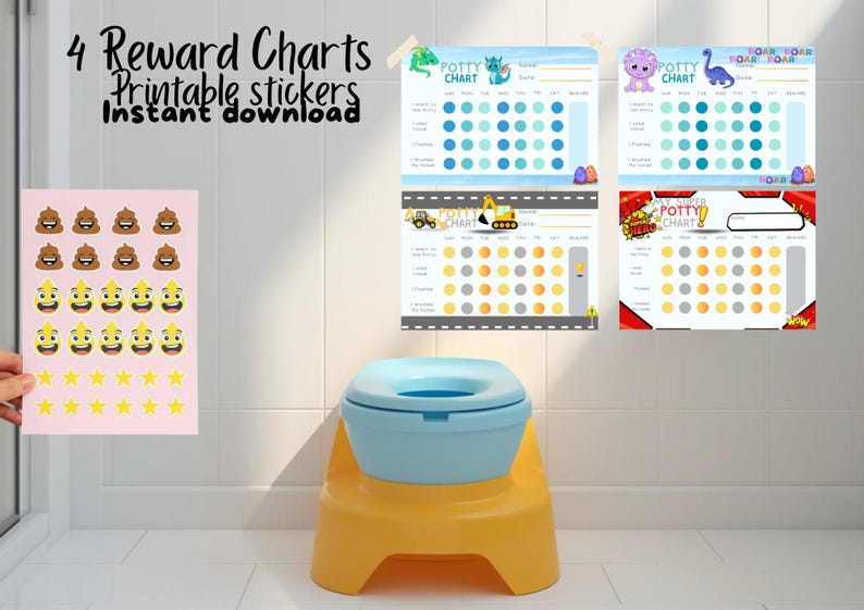 Reward Chart Printable Sticker Chart Poster for Kids Potty Training Set ...