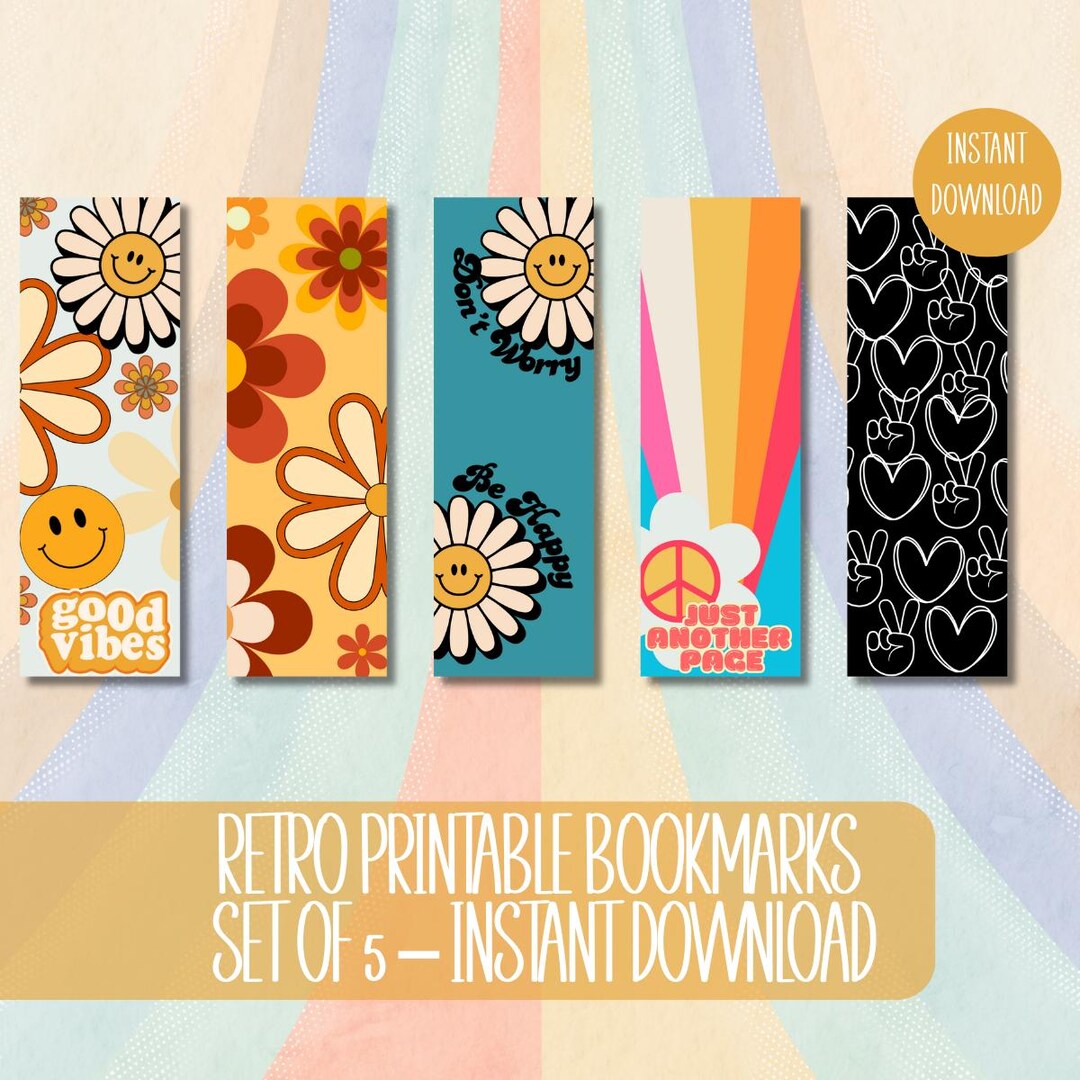 Bookmarks Printable Set 70’s Floral Peace Digital Bookmarks Vintage ...