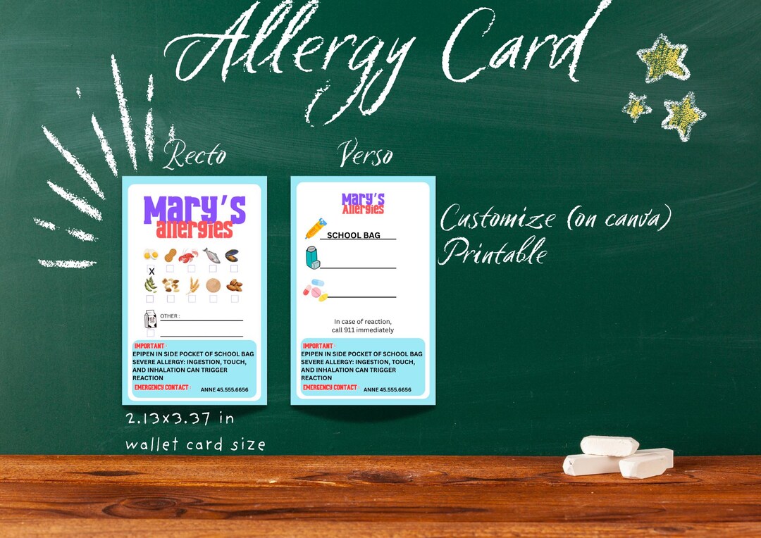 Allergy Alert Card Editable Template Wallet Size Food Allergy ID Card ...