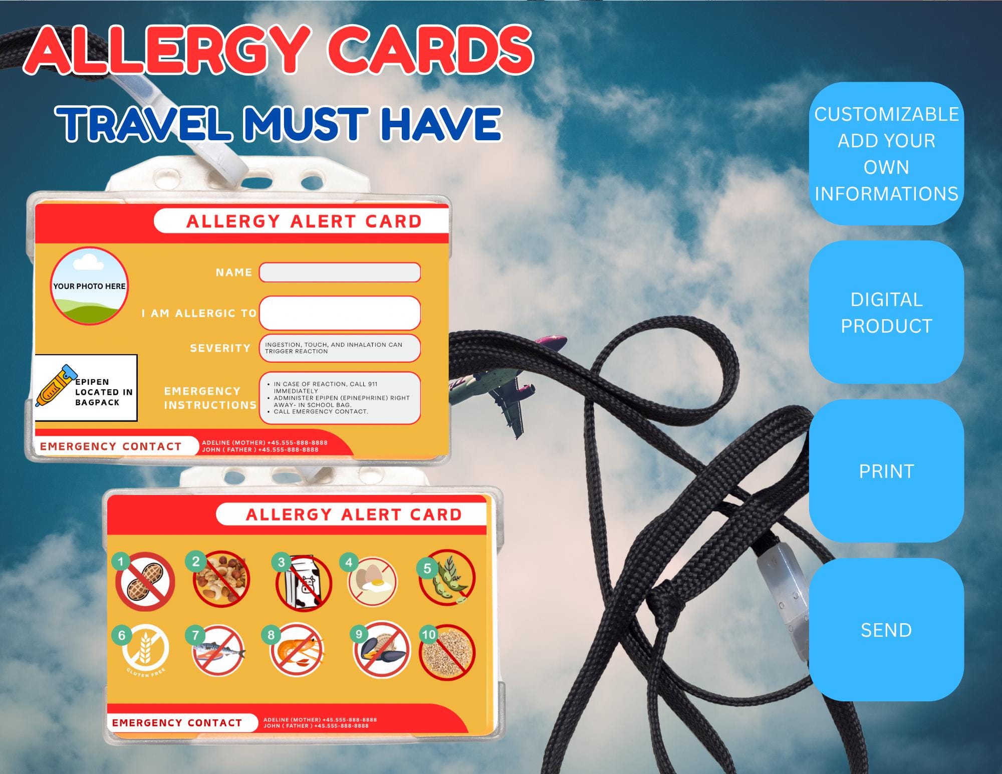 Allergy Cards Travel Printable Custom Medical ID Personalized Emergency ...