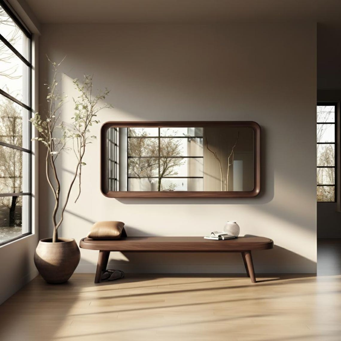 Rectangular Walnut Wall Mirror – Modern Wooden Mirror for Entryway ...
