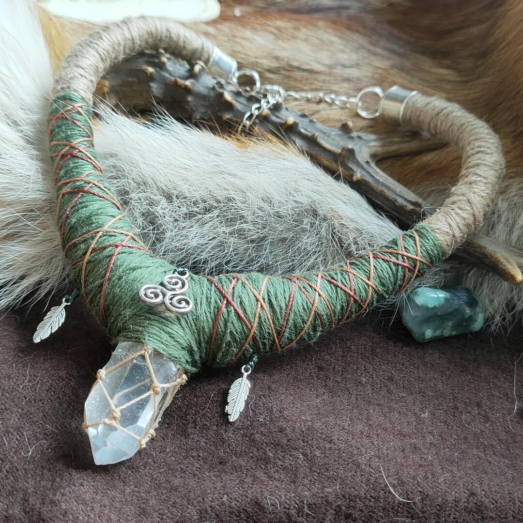 Forest Green Pagan Necklace • Silver Triskelion • Rock Crystal Macrame ...