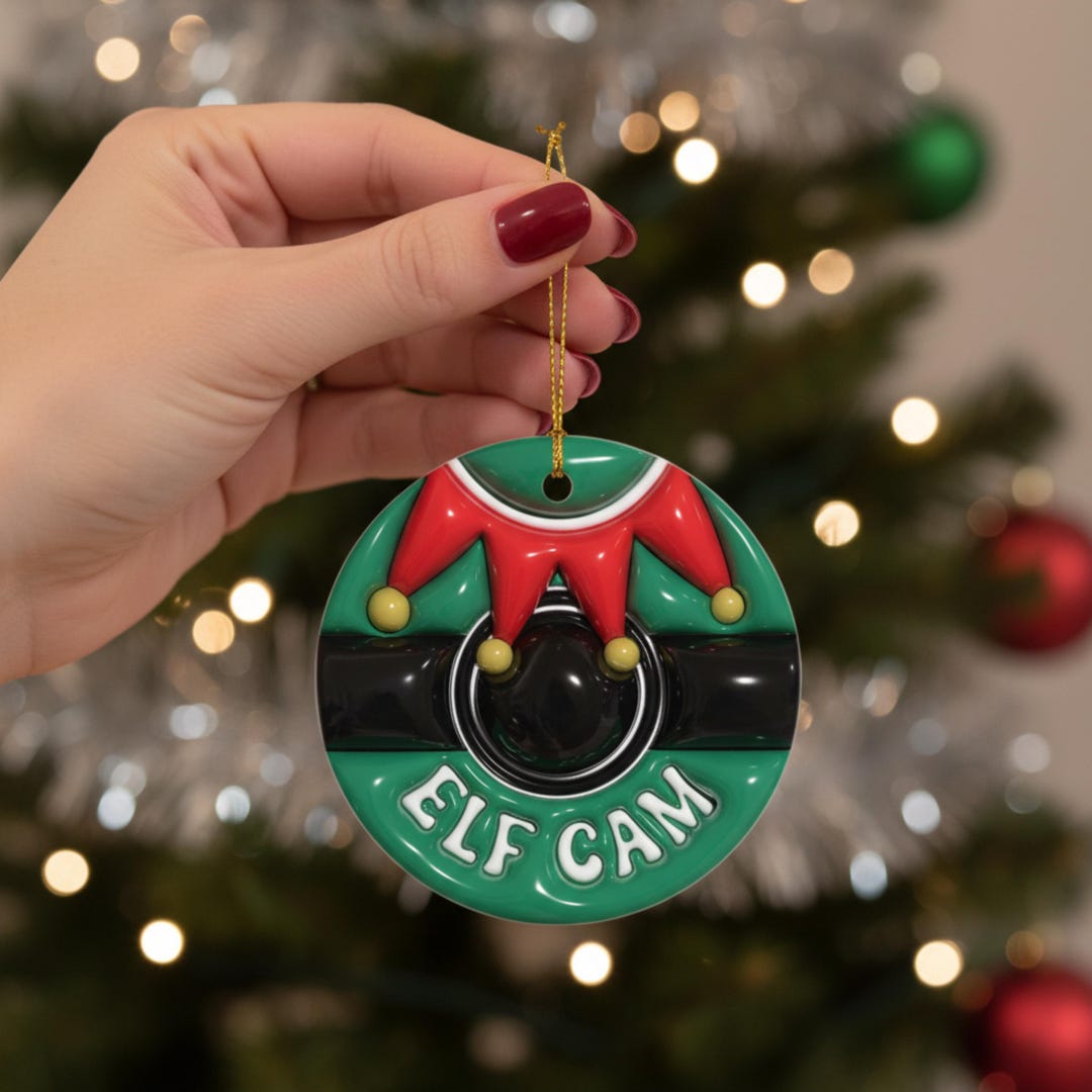 Elf Cam Christmas Ornament | Ceramic Round Tree Decoration - Etsy