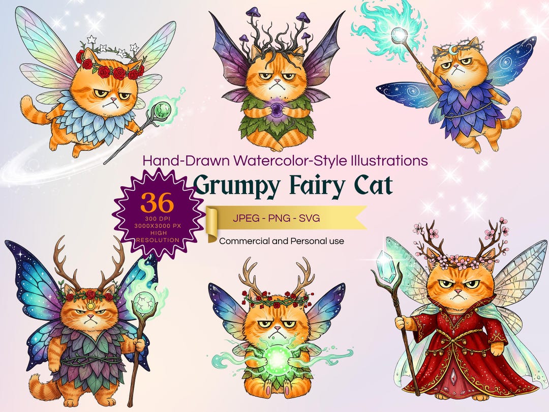 Grumpy Fairy Cat Clipart Bundle: Kawaii Fantasy Designs (PNG, SVG) - Etsy