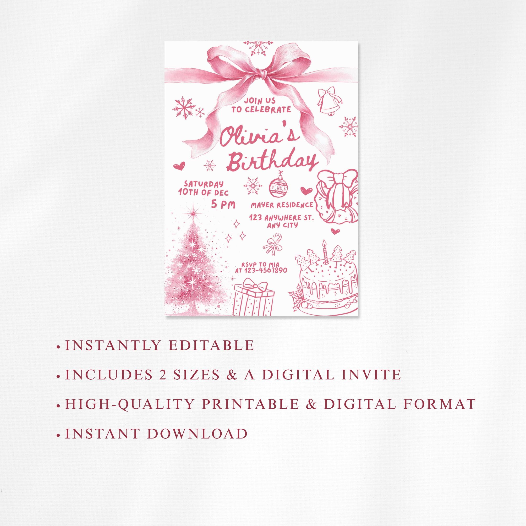 Pink Christmas Birthday Invitation, Bow Girl Party Invite, Editable ...