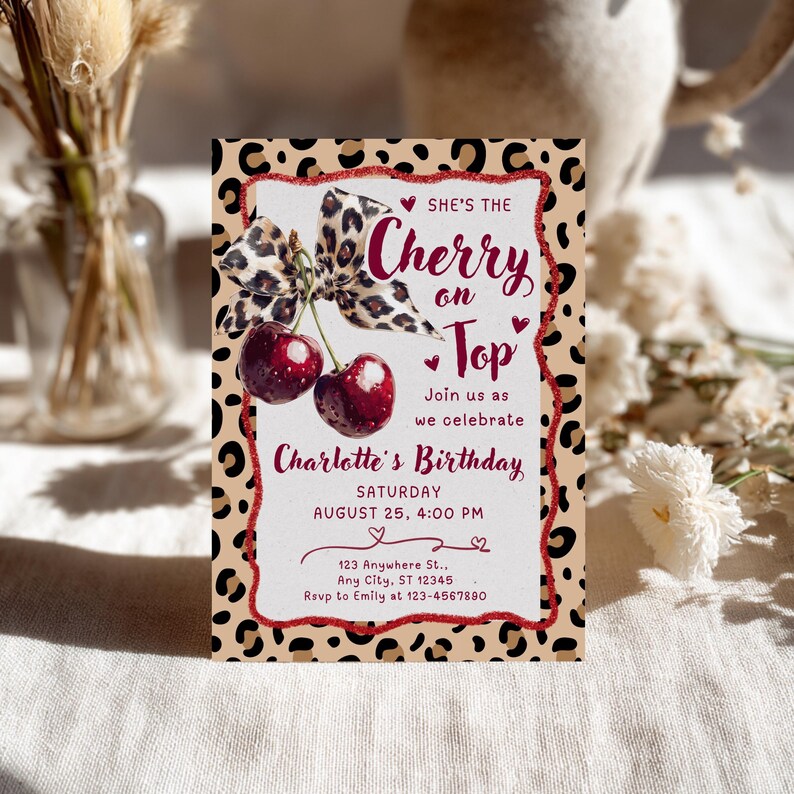 Cheetah Cherries Birthday Invitation Template, Cherry on Top, Leopard ...