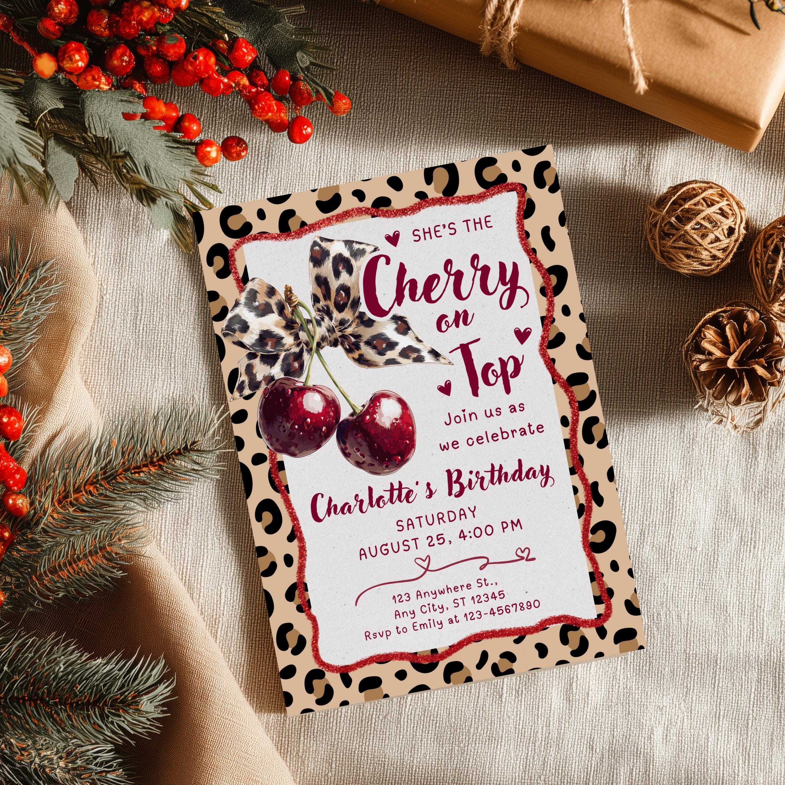 Cheetah Cherries Birthday Invitation Template, Cherry on Top, Leopard ...