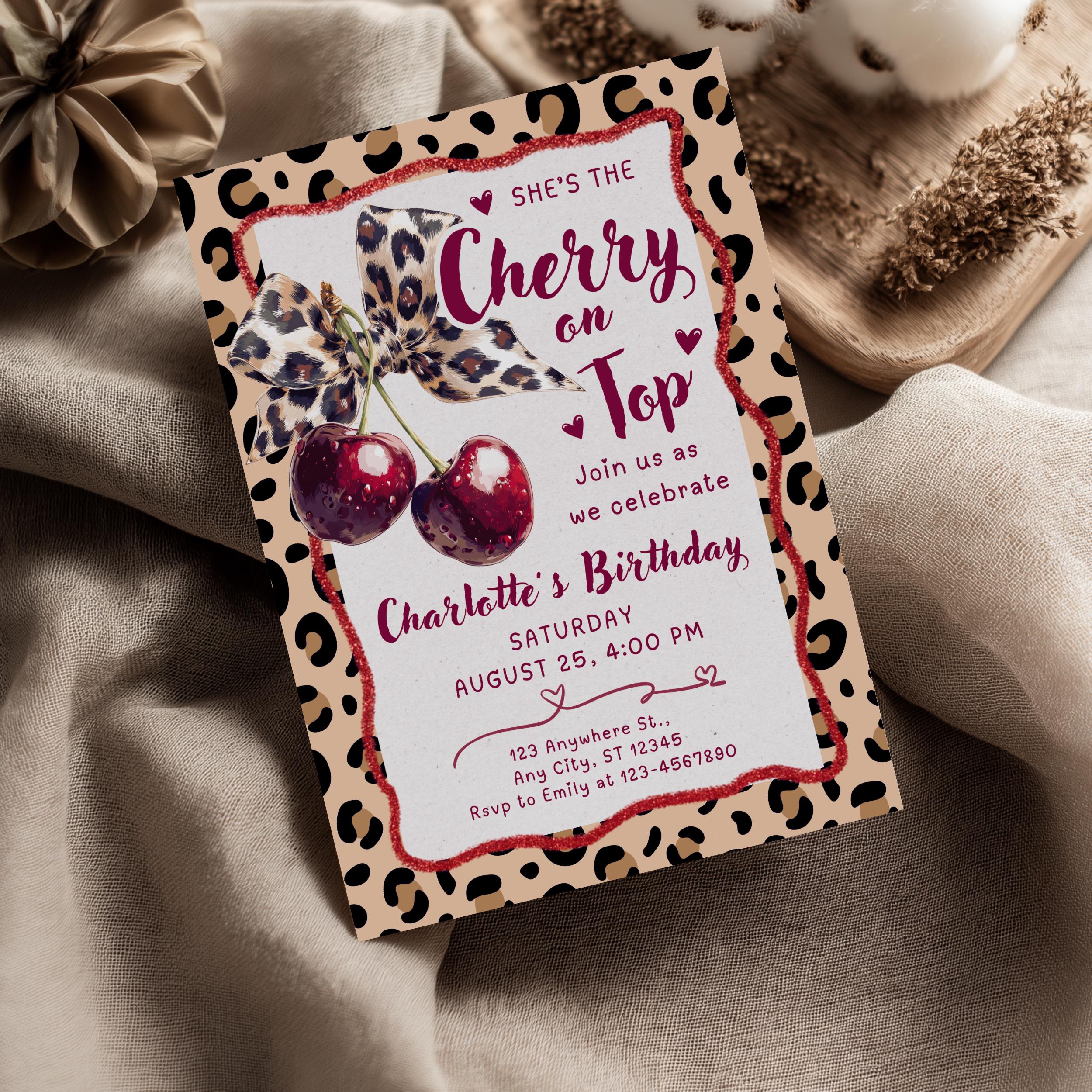 Cheetah Cherries Birthday Invitation Template, Cherry on Top, Leopard ...