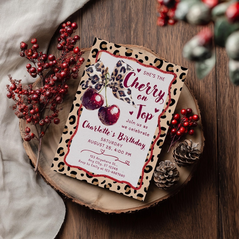 Cheetah Cherries Birthday Invitation Template, Cherry on Top, Leopard ...