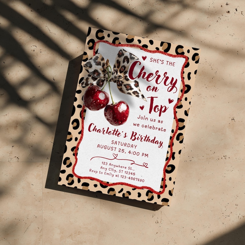 Cheetah Cherries Birthday Invitation Template, Cherry on Top, Leopard ...