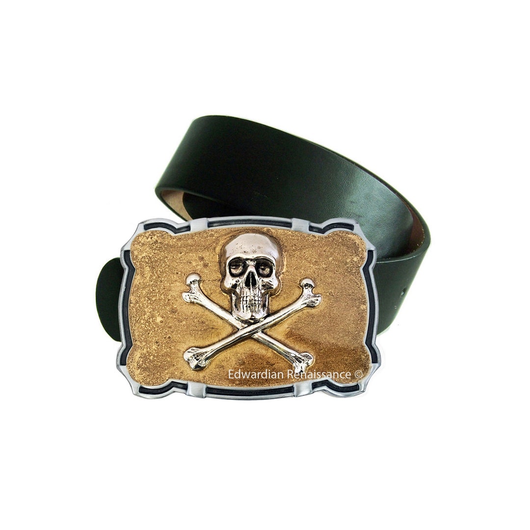 Skull and Crossbones Belt Buckle: Hand Painted Gold Enamel Gothic ...
