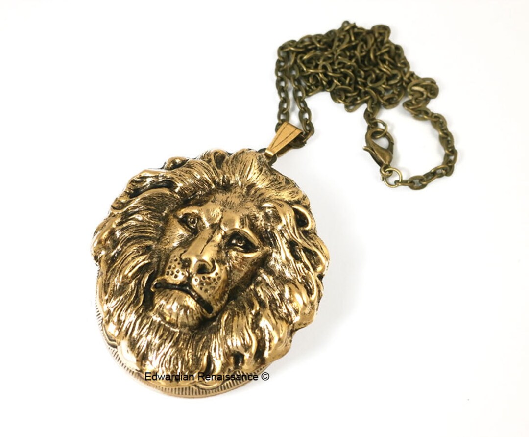 Antique Gold Lion Head Pill Box Locket Necklace: Personalized Leo ...