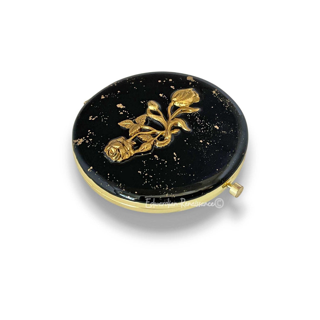 Espejo compacto antiguo con diseño floral Art Nouveau en esmalte negro ...