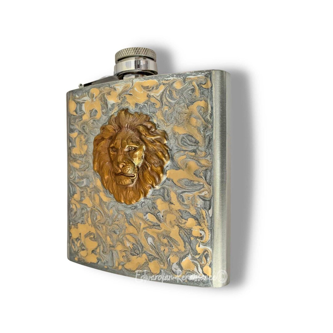 Lion Head Flask: Silver & Gold Enamel, Personalized Hip Flask - Etsy