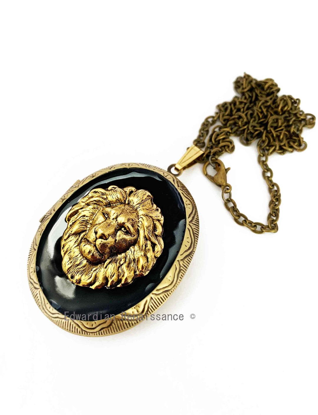 Golden Lion Locket Necklace: Hand Painted Black Enamel Pill Box - Etsy