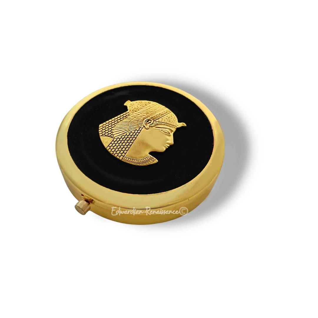 Cleopatra Pill Box With Mirror Inlaid in Hand Painted Black Enamel ...
