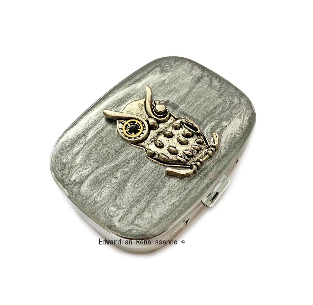 Owl Pill Box Inlaid in Hand Painted Silver Enamel Mechanical - Etsy