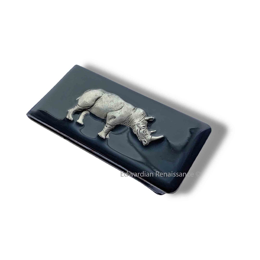 Antique Silver Rhino Money Clip Con incrustaciones en esmalte negro ...