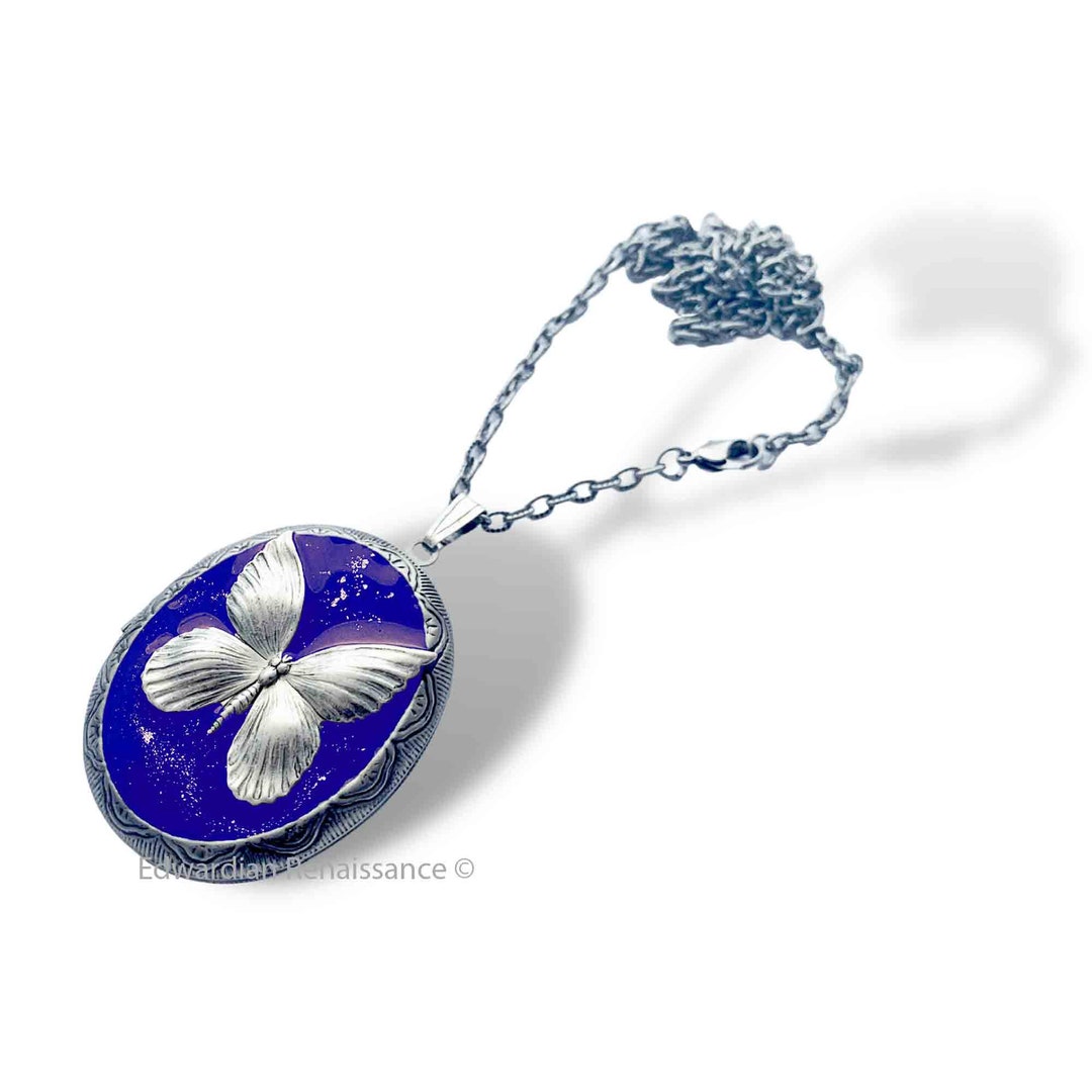Butterfly Locket Necklace: Hand Painted Cobalt Enamel Pill Box ...