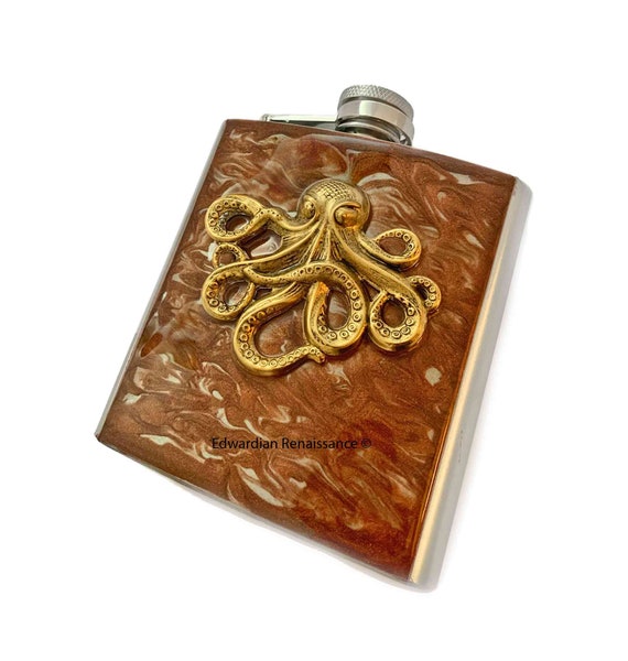 Antique Gold Octopus Flask Inlaid in Hand Painted Copper Swirl | Etsy