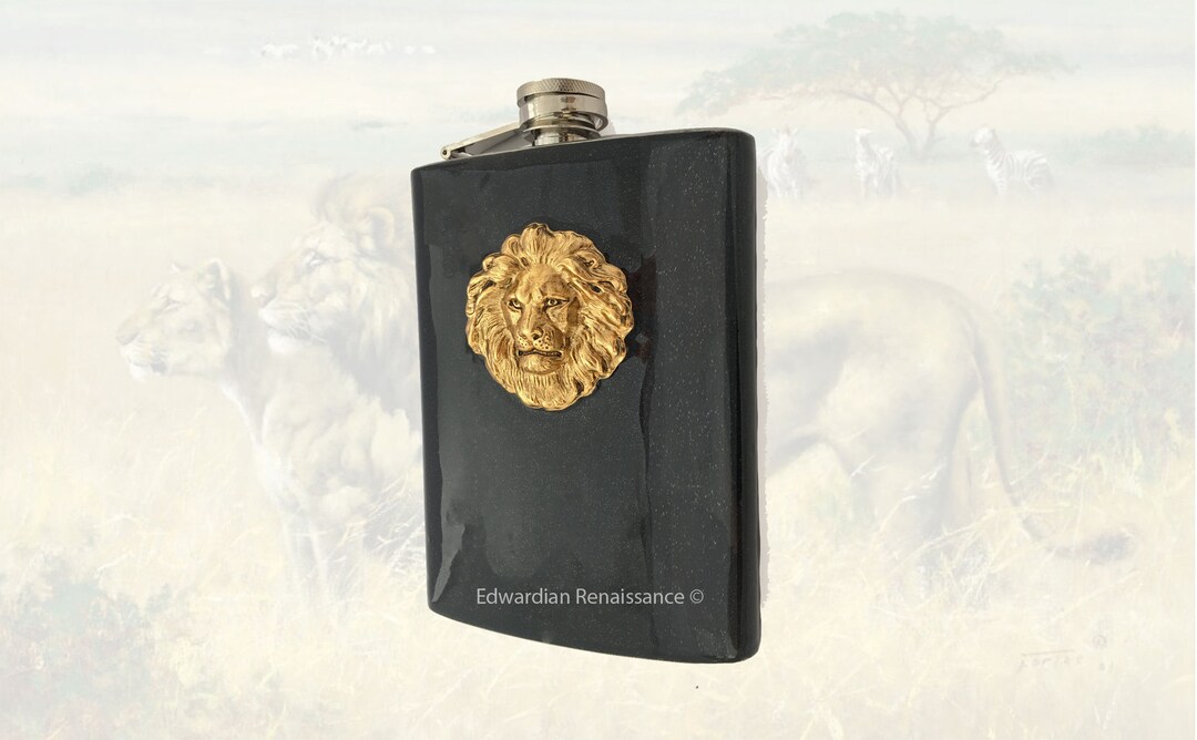 Antique Gold Lion Head Flask: Hand Painted Enamel, Personalized Option ...