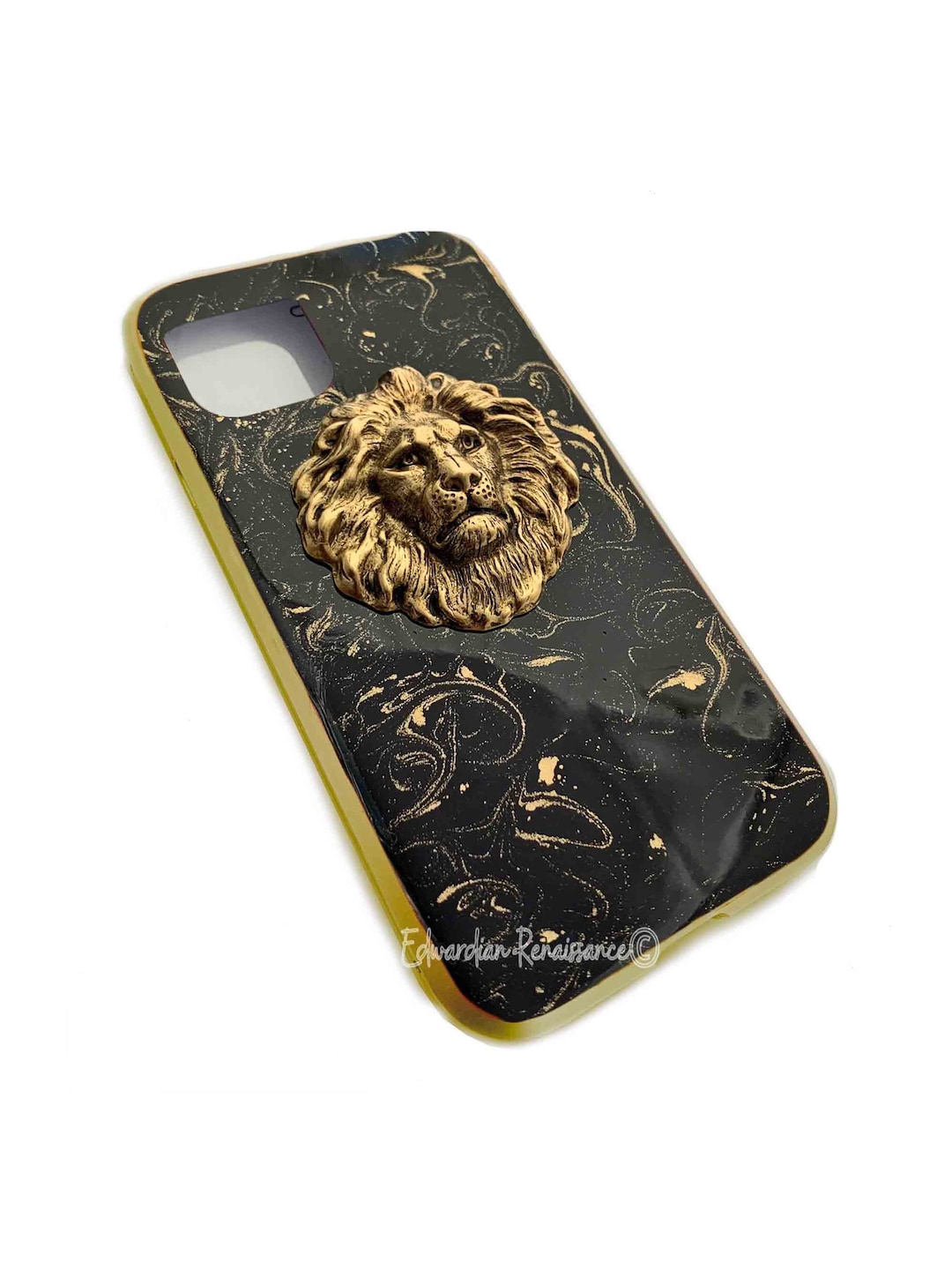 Neoclassic Lion Phone Case in Hand Painted Black With Gold Swirl Enamel ...