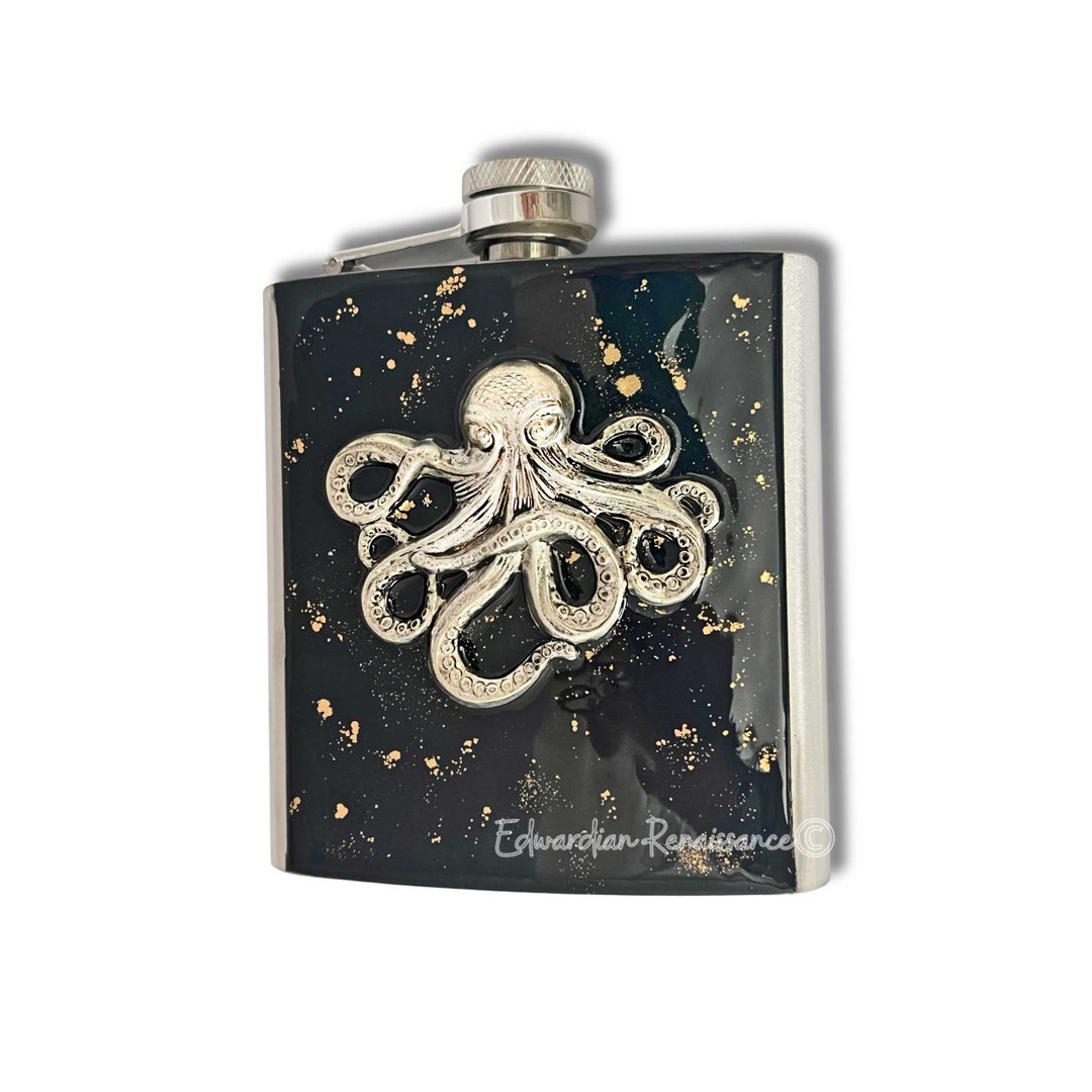 Antique Silver Octopus Flask: Hand-painted Enamel, Neo Victorian Kraken ...