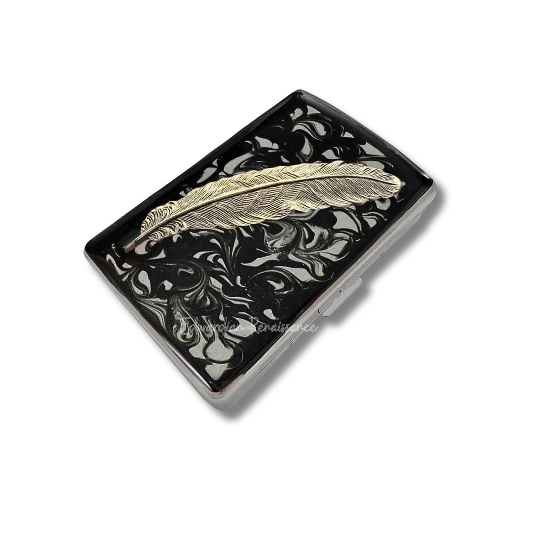 Silver Raven Feather Cigarette Case, Black Ink Enamel, Personalized - Etsy