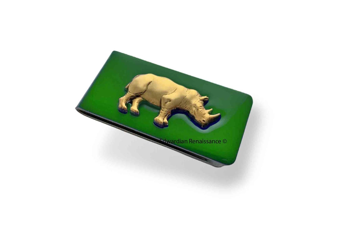 Antique Gold Rhino Money Clip, Hand Painted Green Enamel, Personalized ...