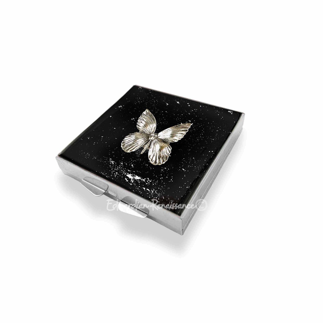 Antique Silver Butterfly Pill Box Inlaid in Hand Painted Black With ...