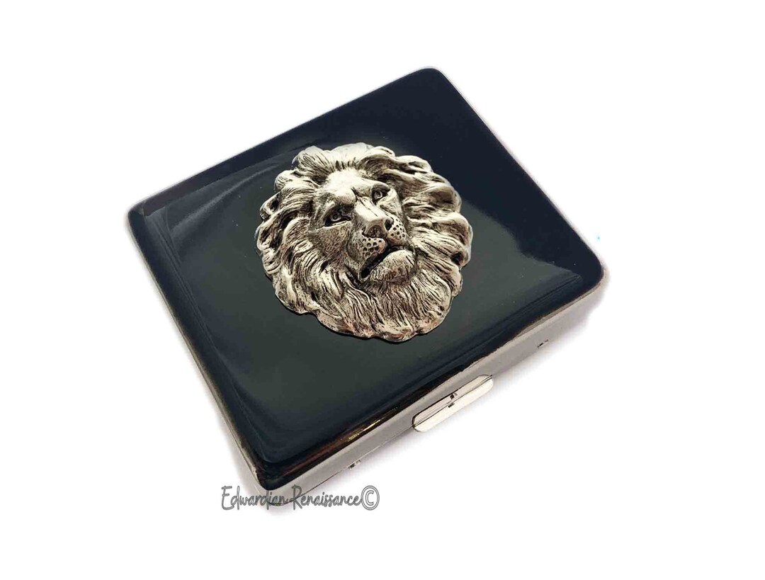 Lion Head Pill Box: Hand Painted Black Enamel, Personalized Option - Etsy