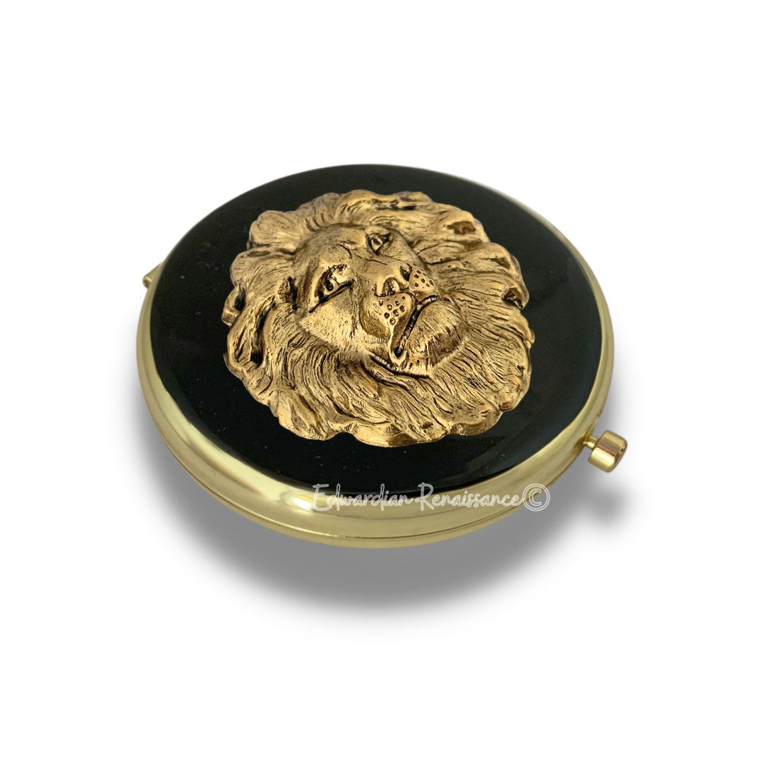 Antique Gold Lion Head Compact Mirror: Hand Painted Black Enamel ...