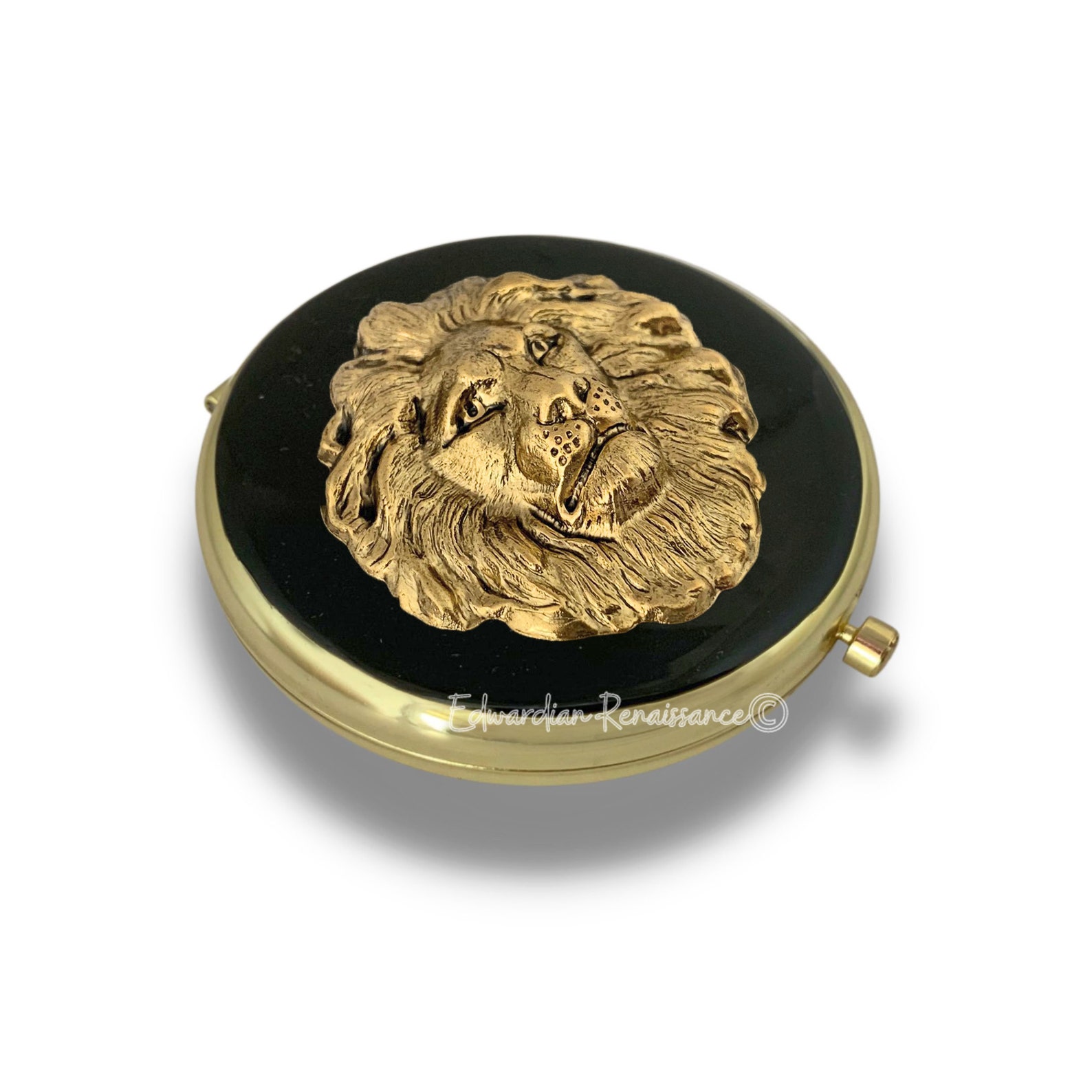 Antique Gold Lion Head Compact Mirror: Hand Painted Black Enamel ...