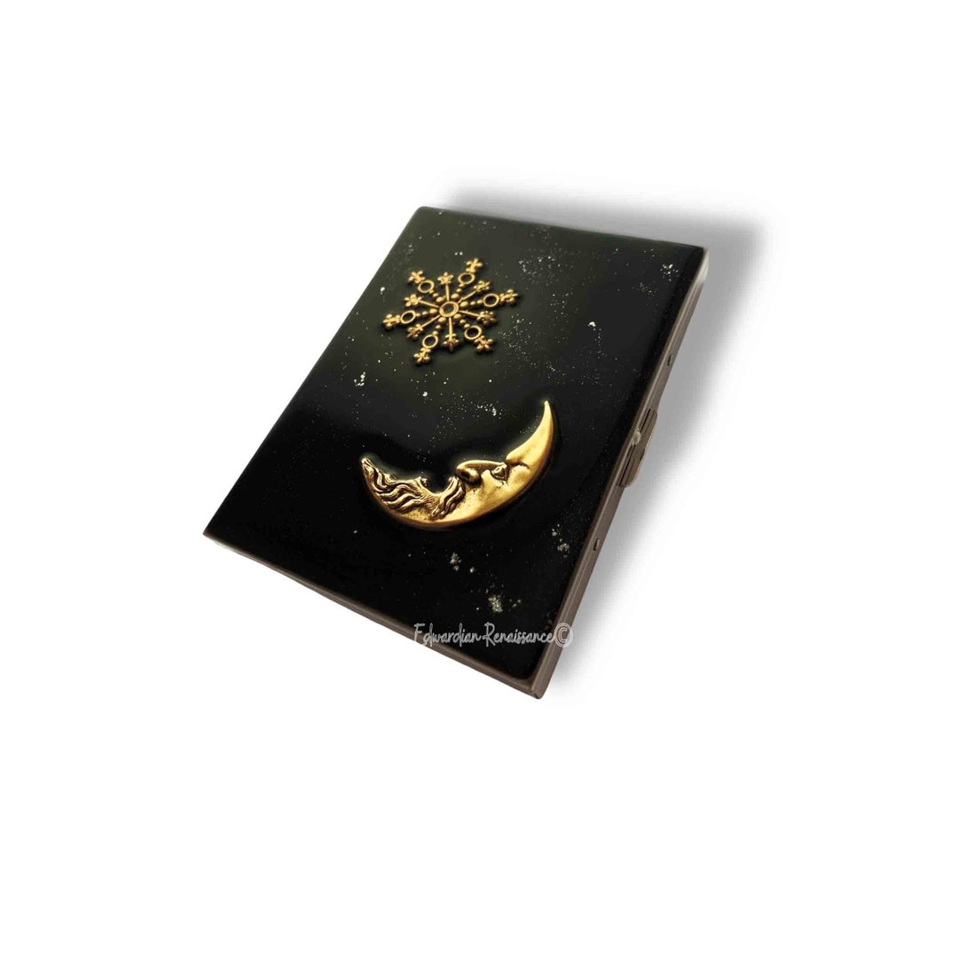 Moon and Star Cigarette Case Inlaid in Hand Painted Glossy Black With ...