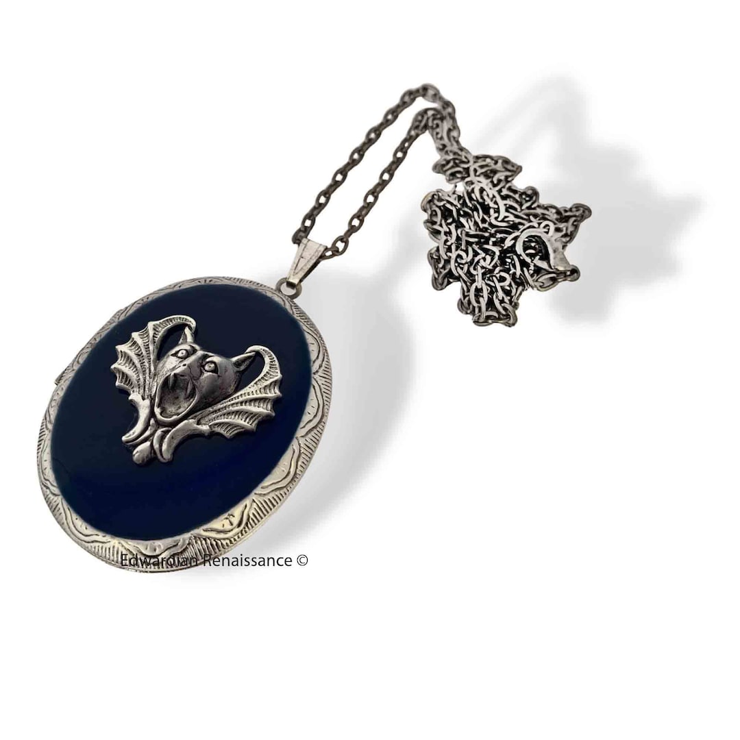 Vampire Bat Locket Inlaid in Hand Painted Glossy Black Enamel Pill Box ...
