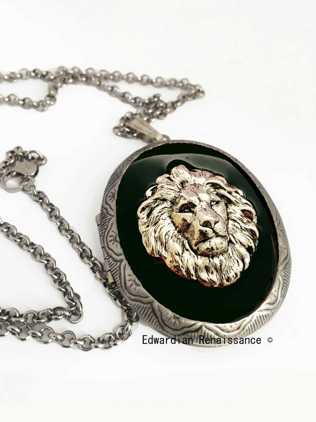 Lion Head Locket Necklace: Black Onyx Enamel Pill Box, Neoclassical Leo ...