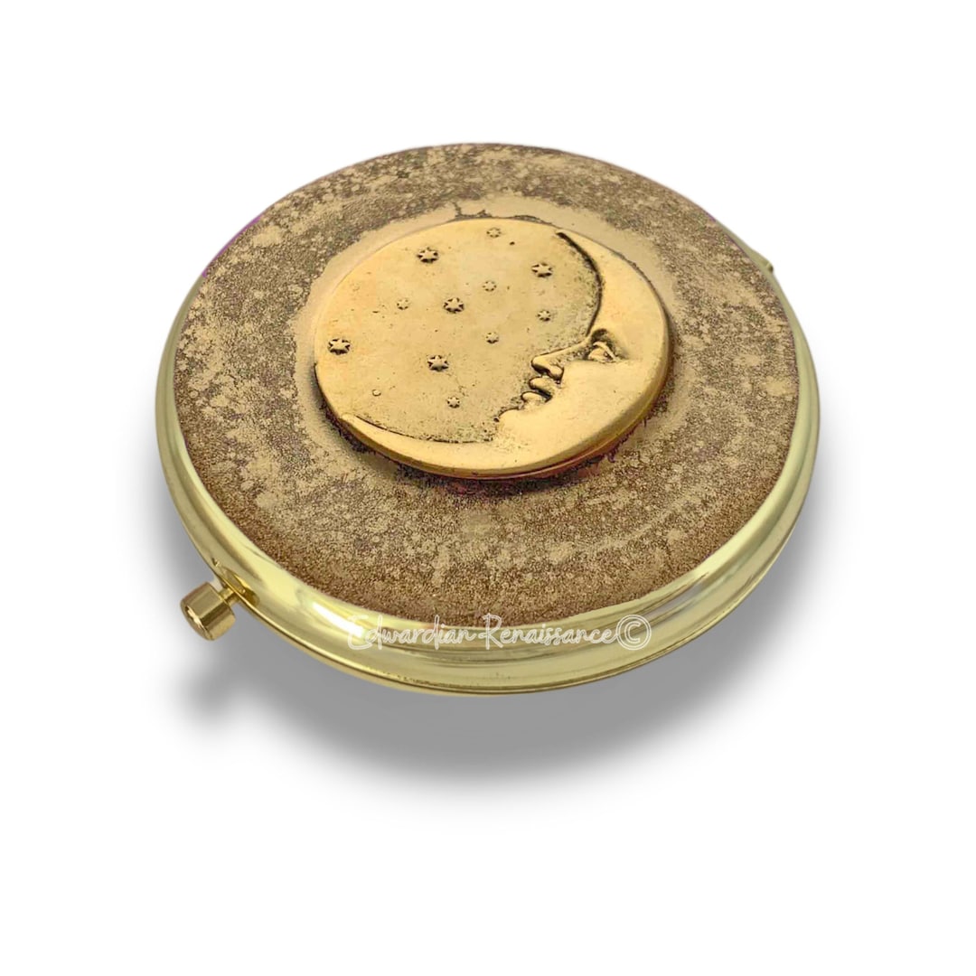 Celestial Moon and Stars Compact Mirror: Hand Painted Gold Enamel ...