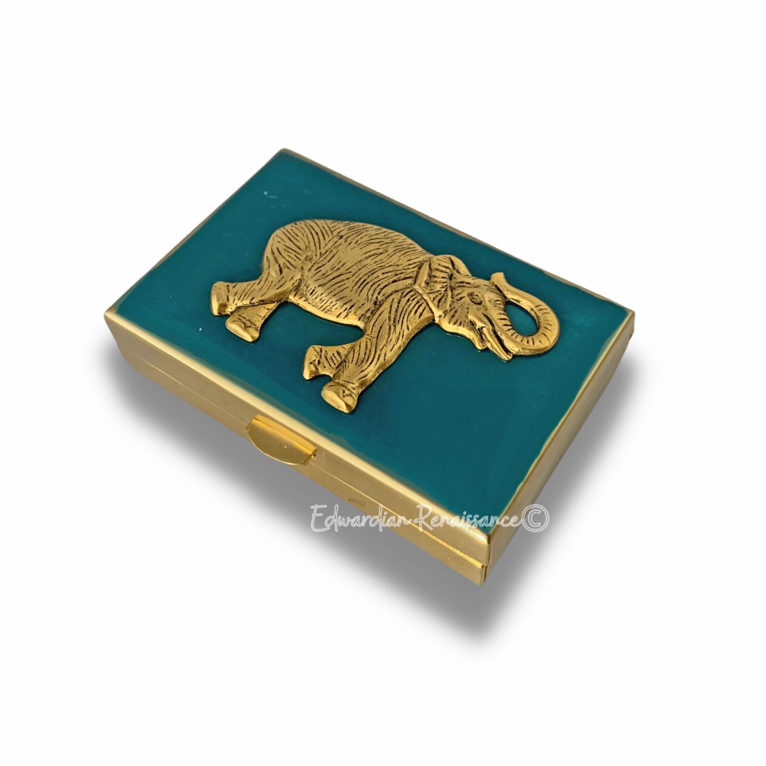 Antique Gold Elephant Pill Box: Teal Enamel Safari Style, Personalized ...