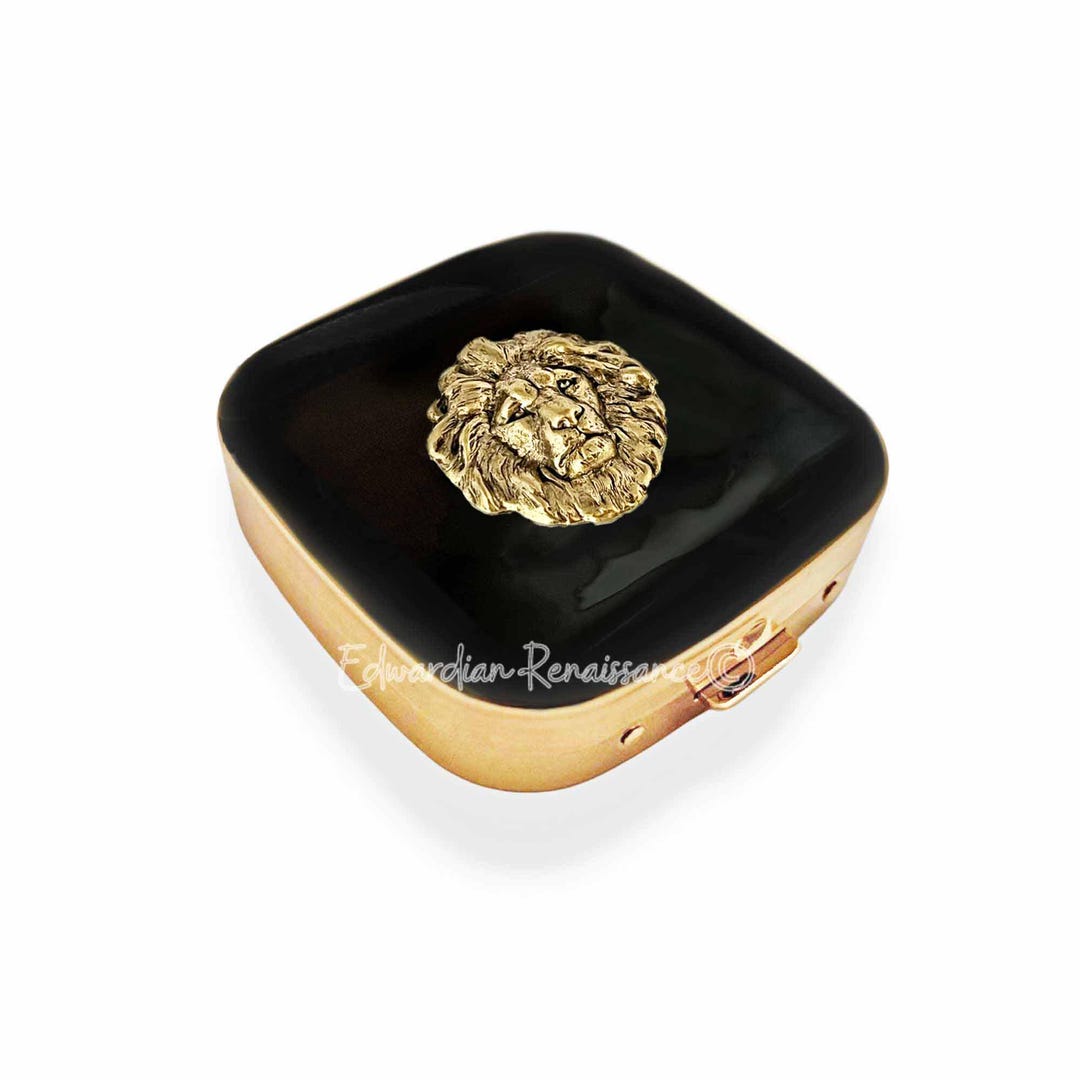Antique Gold Lion Pill Case in Hand Painted Black Enamel Neo Classic ...