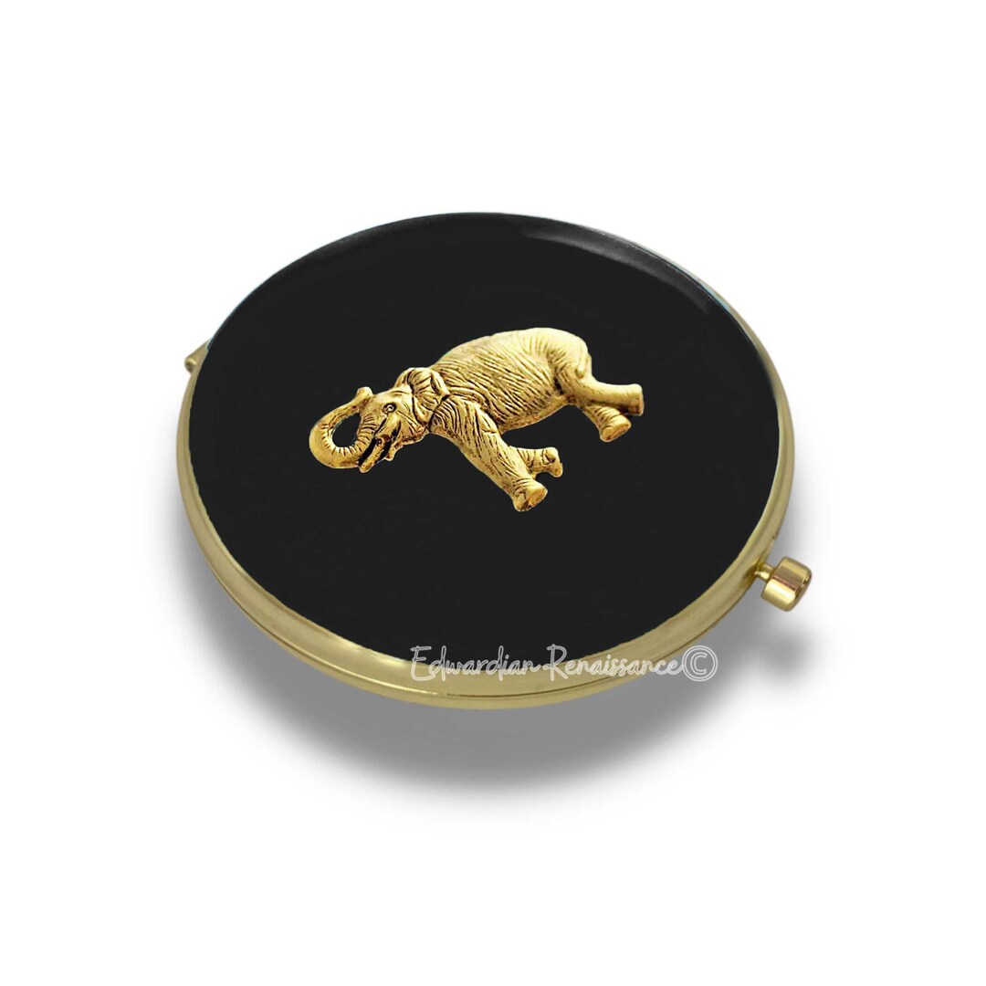 Elephant Compact Mirror: Hand Painted Black Enamel, Personalized Option ...