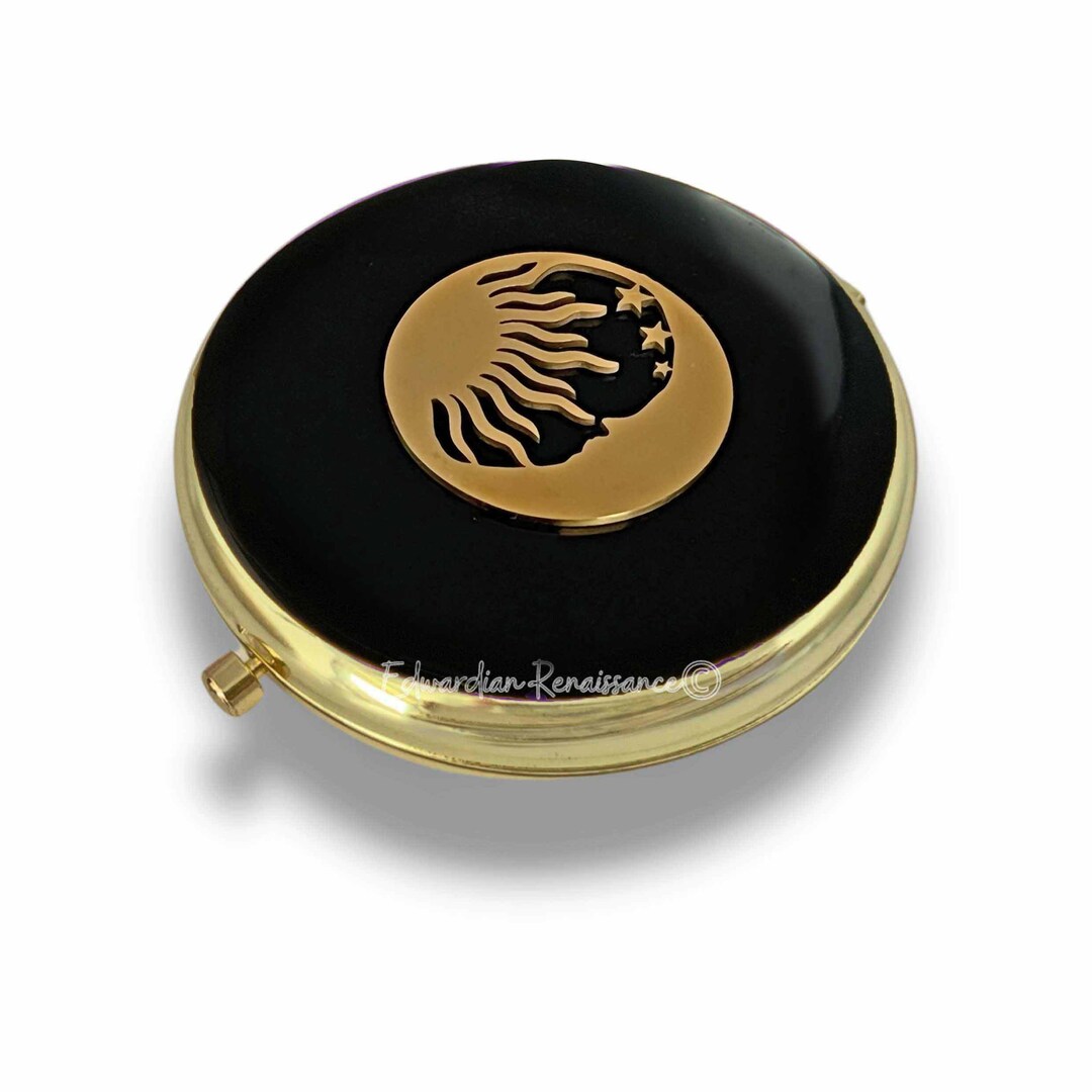 Celestial Compact Mirror: Hand Painted Black Enamel, Moon Sun Stars ...