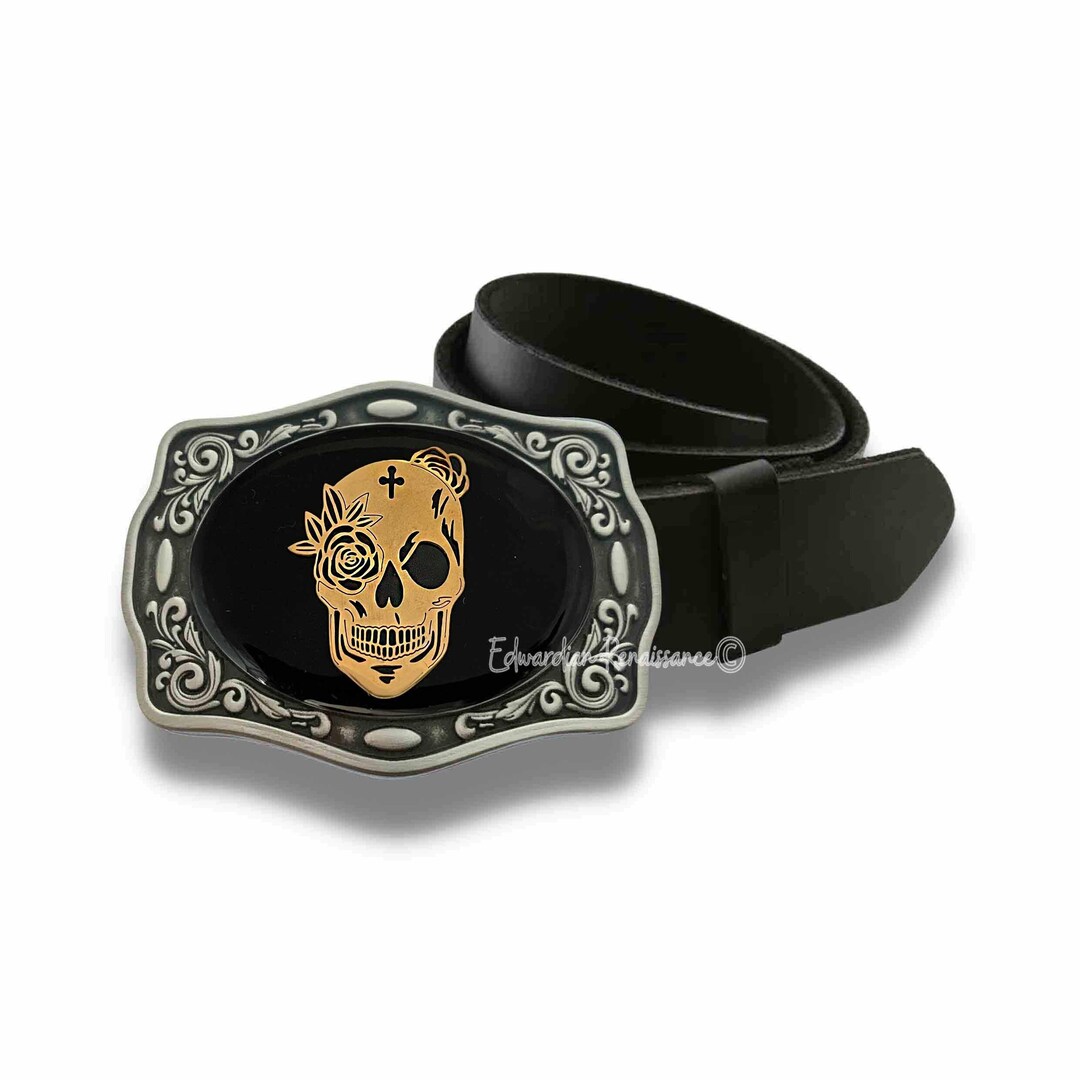 Gold Skull Head Buckle Inlaid in Hand Painted Black Enamel Vintage ...