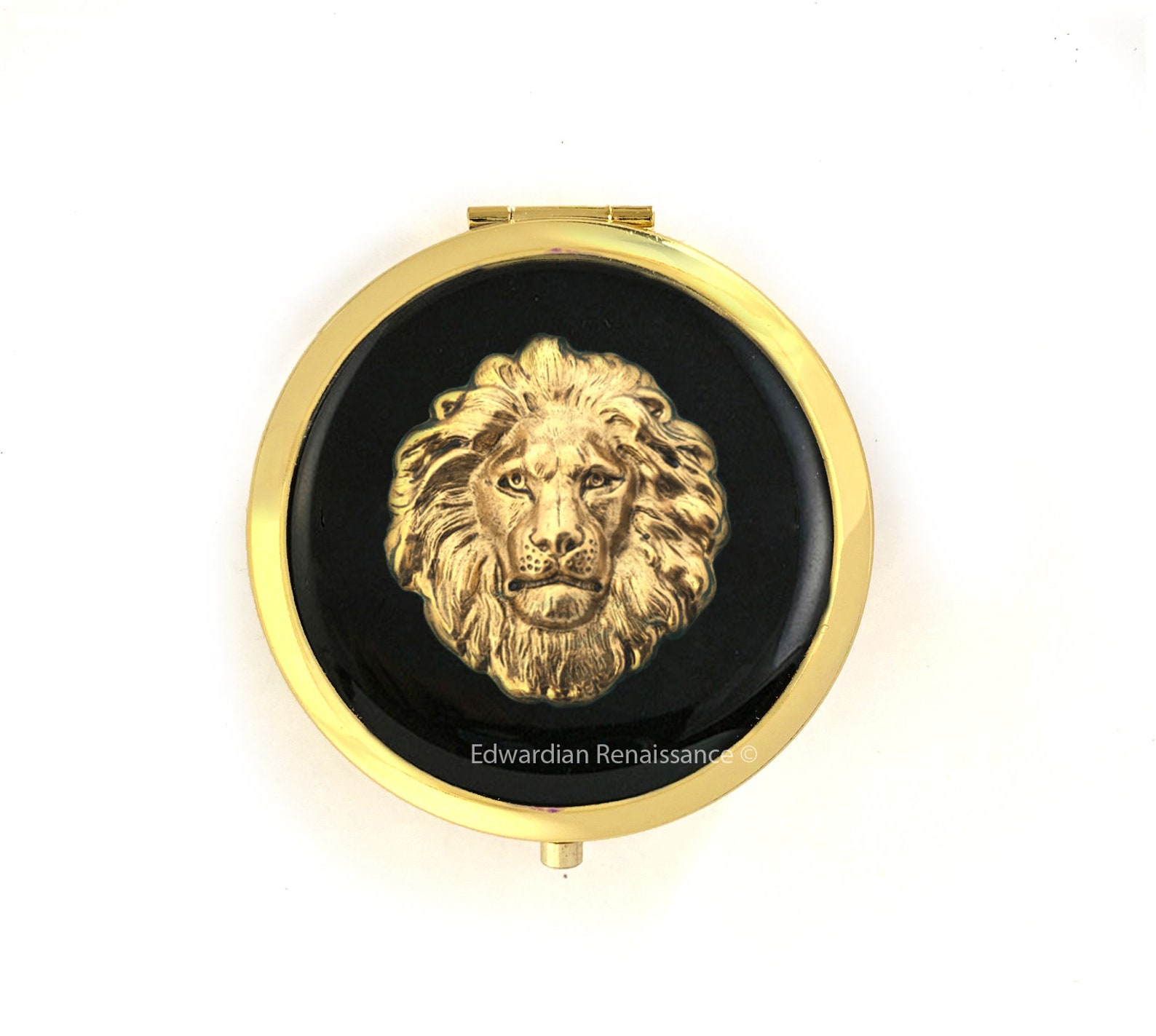 Antique Gold Lion Pill Box: Hand Painted Enamel Compact Mirror - Etsy