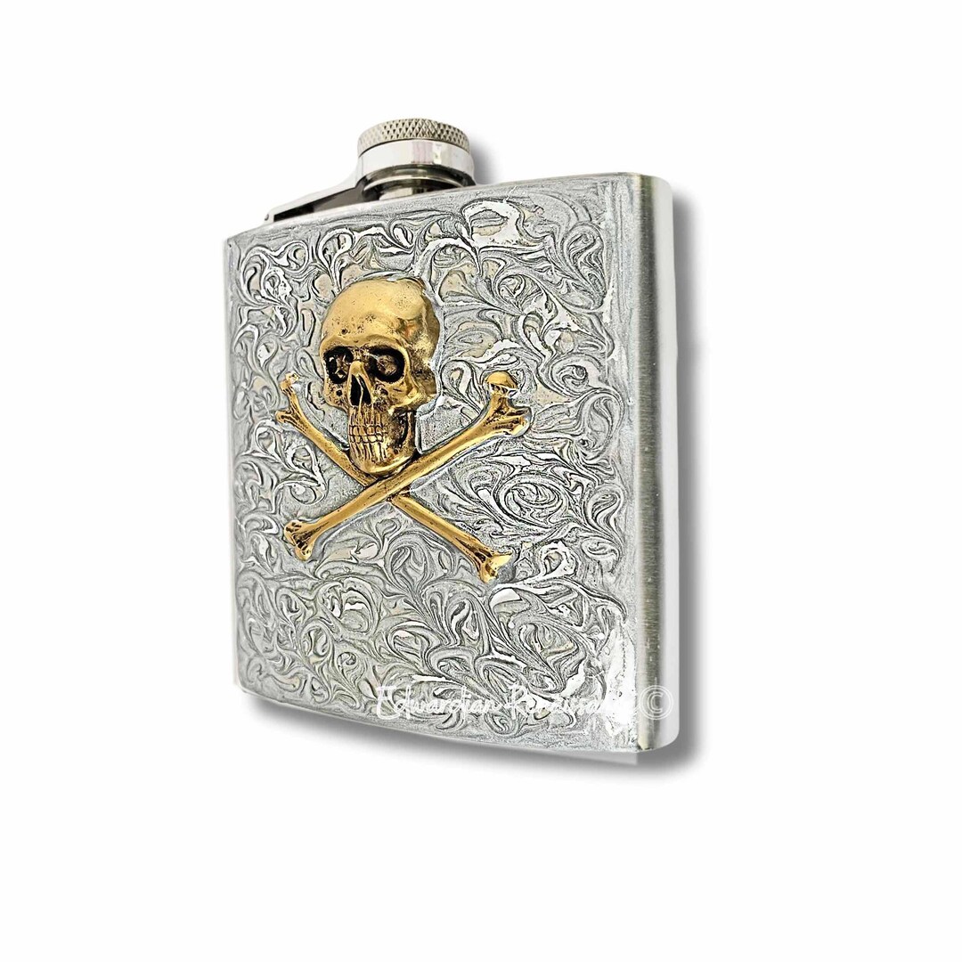Antique Gold Skull Flask: Hand-painted Silver Swirl Enamel ...